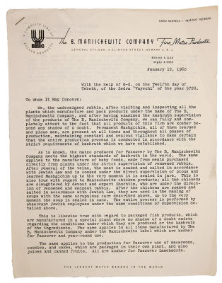 Lot 124 - Kosher Certificate for Manischewitz Products‭ - ‬1960 ...