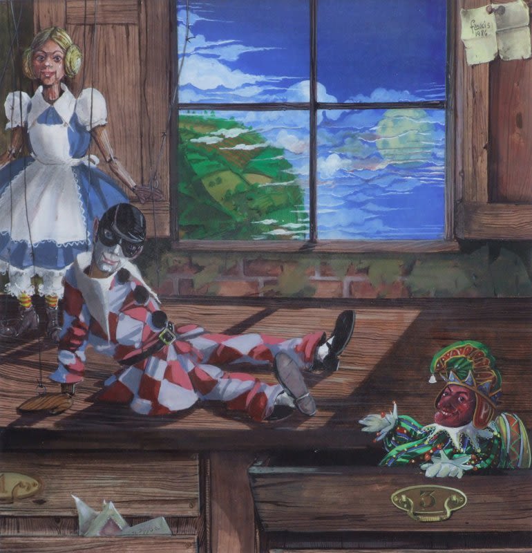 Lot 370 - Francis Wainwright, Puppets on a ledge, acrylic. - Bodnar's ...