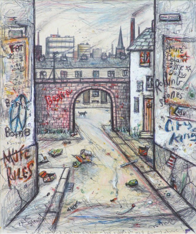 Lot 414 - David Wilde, Irk Street, mixed media drawing. - Bodnar's ...
