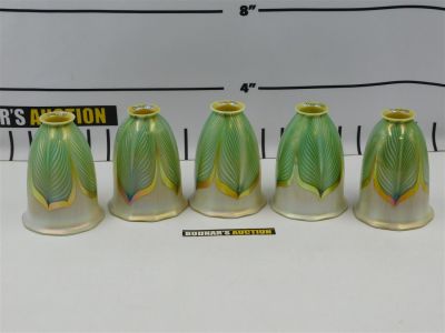 Lot 10 - Set of 5 Quezal Art Glass Lamp Shades - Bodnar's Auction ...