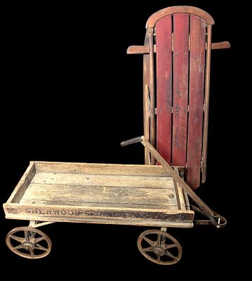 Lot 121 - Sherwood Spring Coaster Wagon + Antique Sled | Burns Auction ...