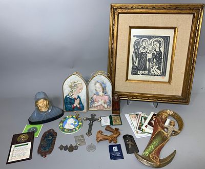 Lot 4054 - Assorted Religious Collectibles Lot - Framed Art, Figurines ...