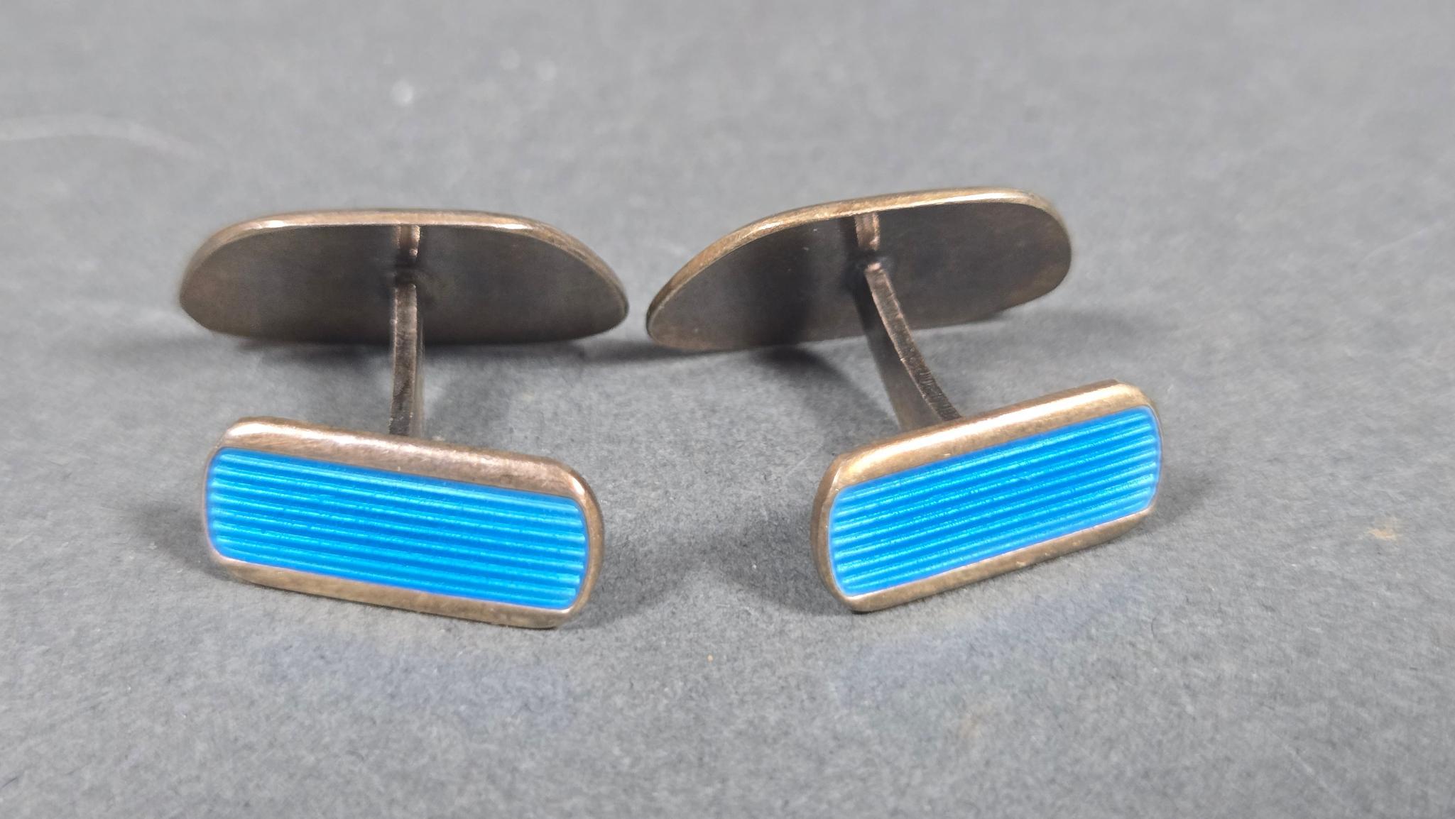 Lot 34282 - A Pair of Sterling Silver and Blue Enamel Cufflinks, Made ...
