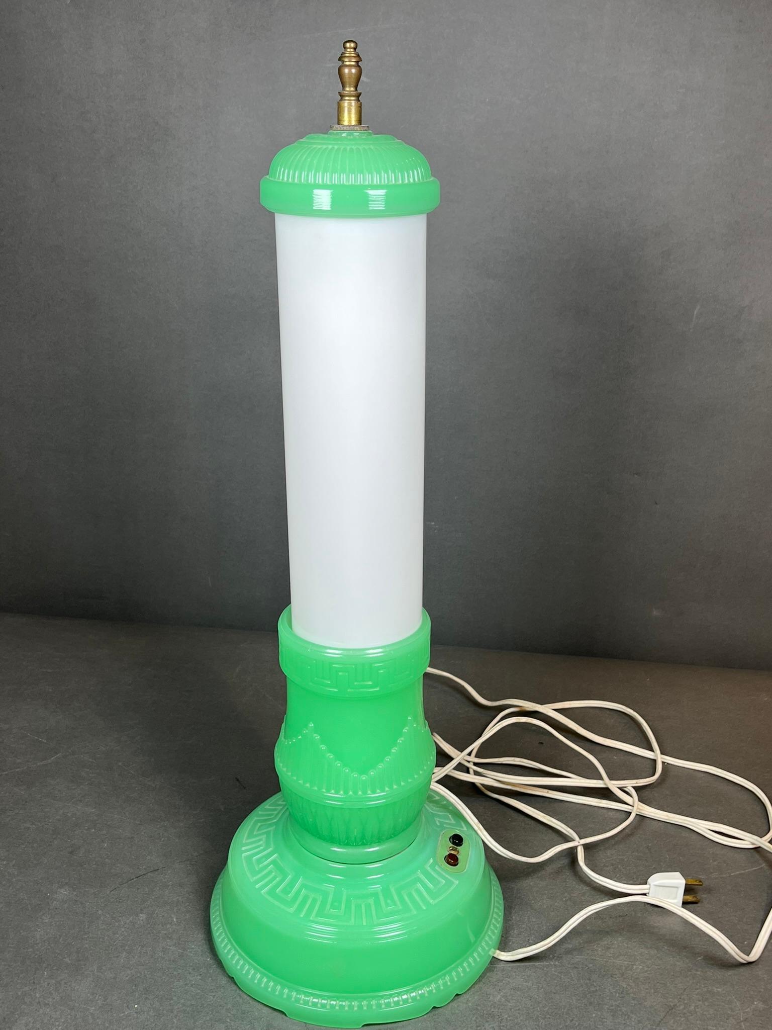 Lot 36082 - 1930s Art Deco Eureka Tea Co. All-Lite Fluorescent Jadeite Glass Table Lamp | Burns ...