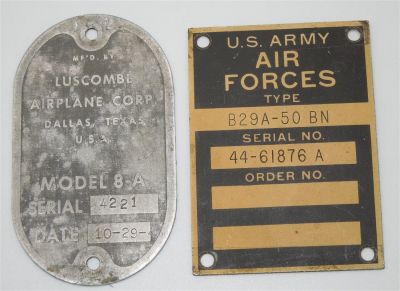 Lot 467 - WWII Aircraft Data Plates Luscombe 8A & AAF Boeing B-29A ...