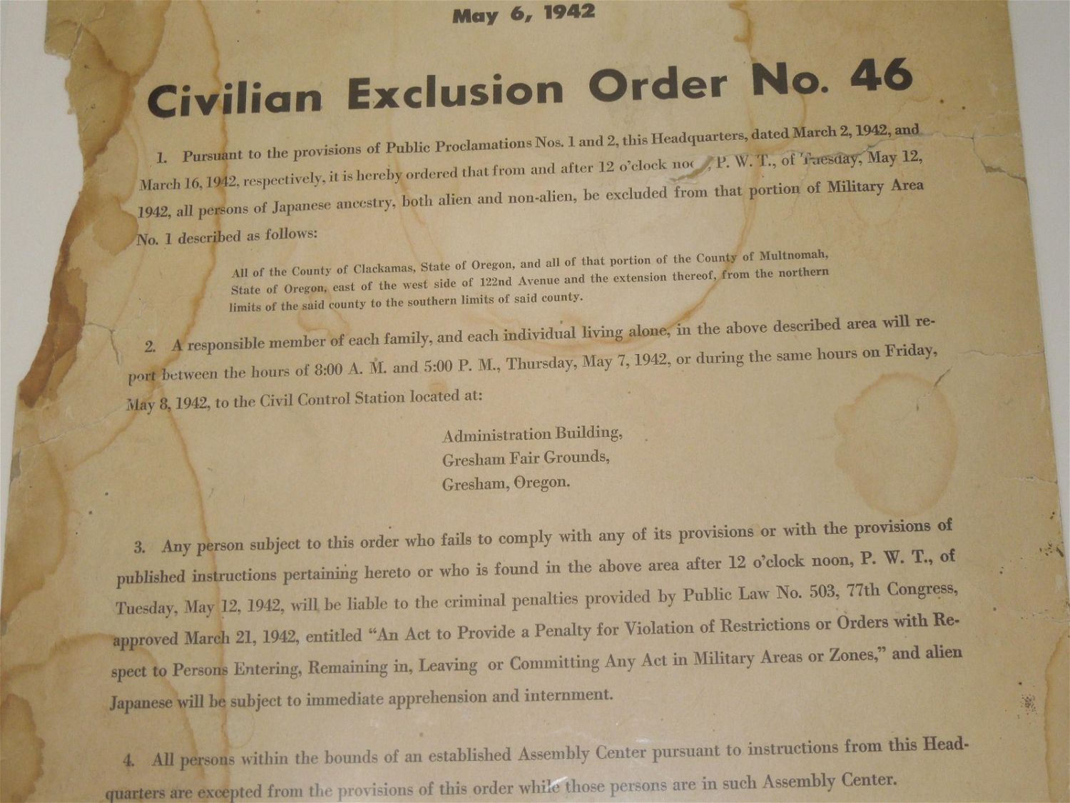 Lot 479 - WWII 1942 Japanese Civilian Exclusion Order For Internment ...