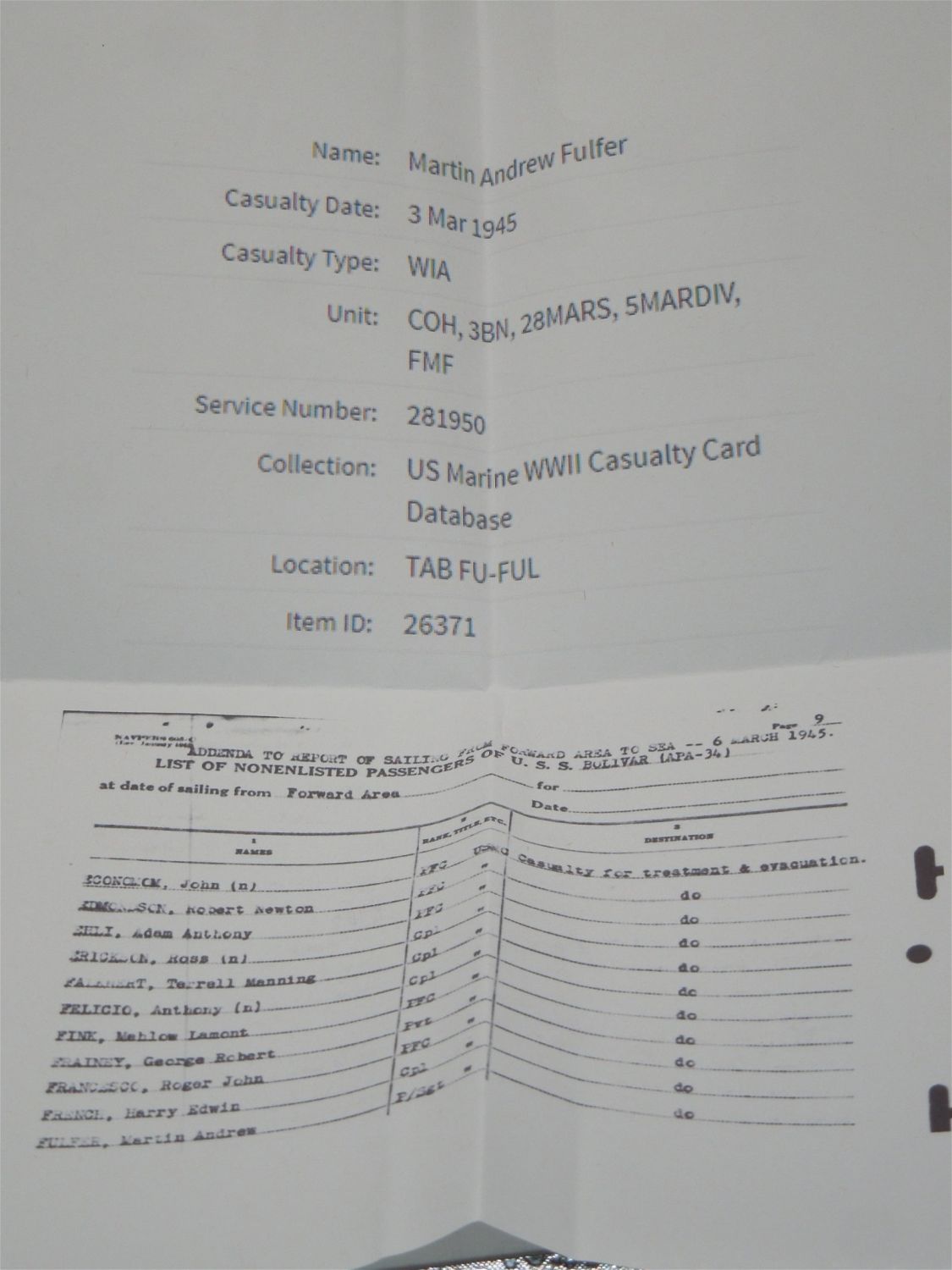 Lot 195 - WWII USMC Marine Corps Iwo Jima 5th Marine Division Engraved ...