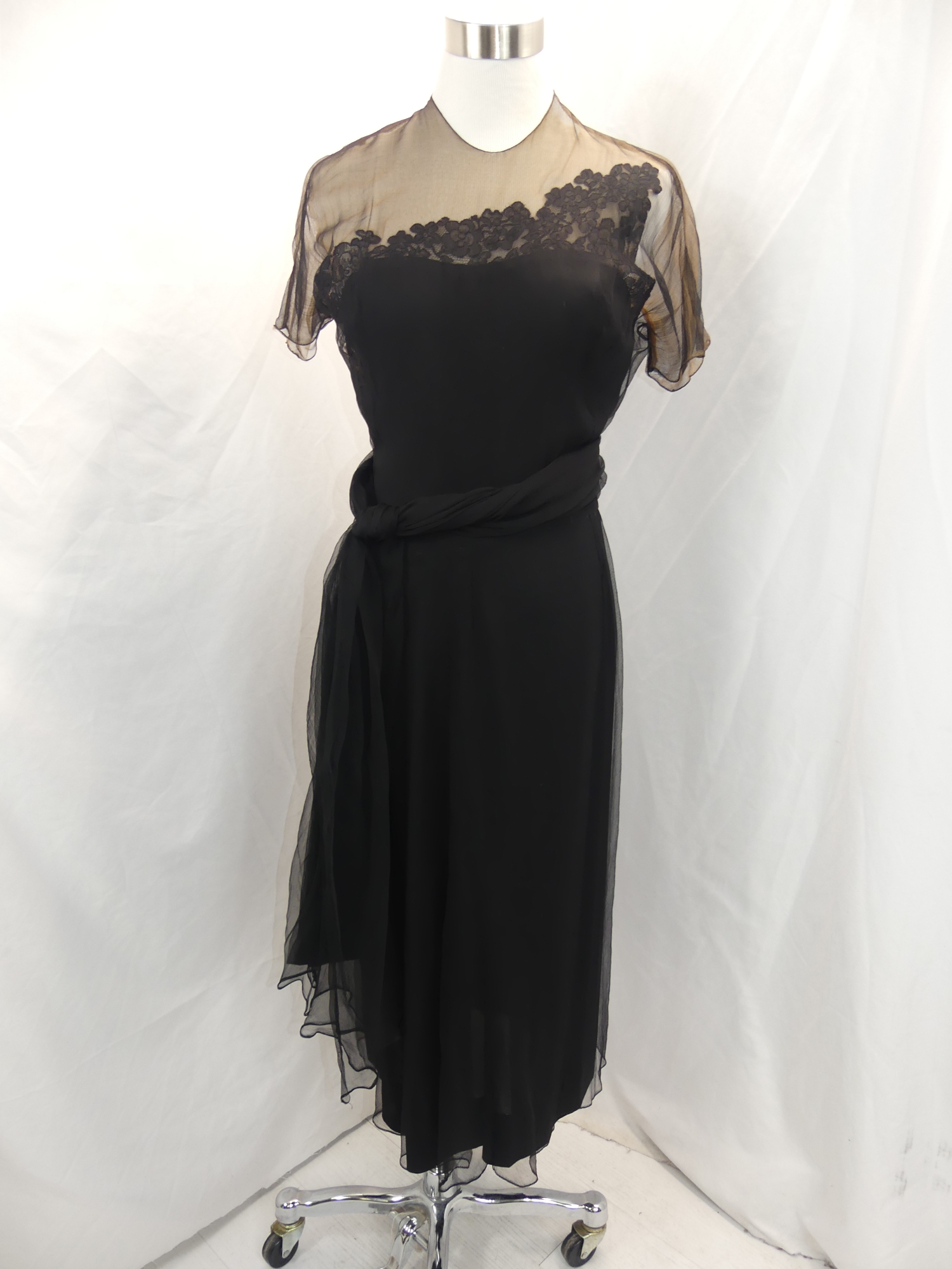 Lot 256 - Vintage 1940's Irene Black Silk Chiffon & Lace Evening Dress ...