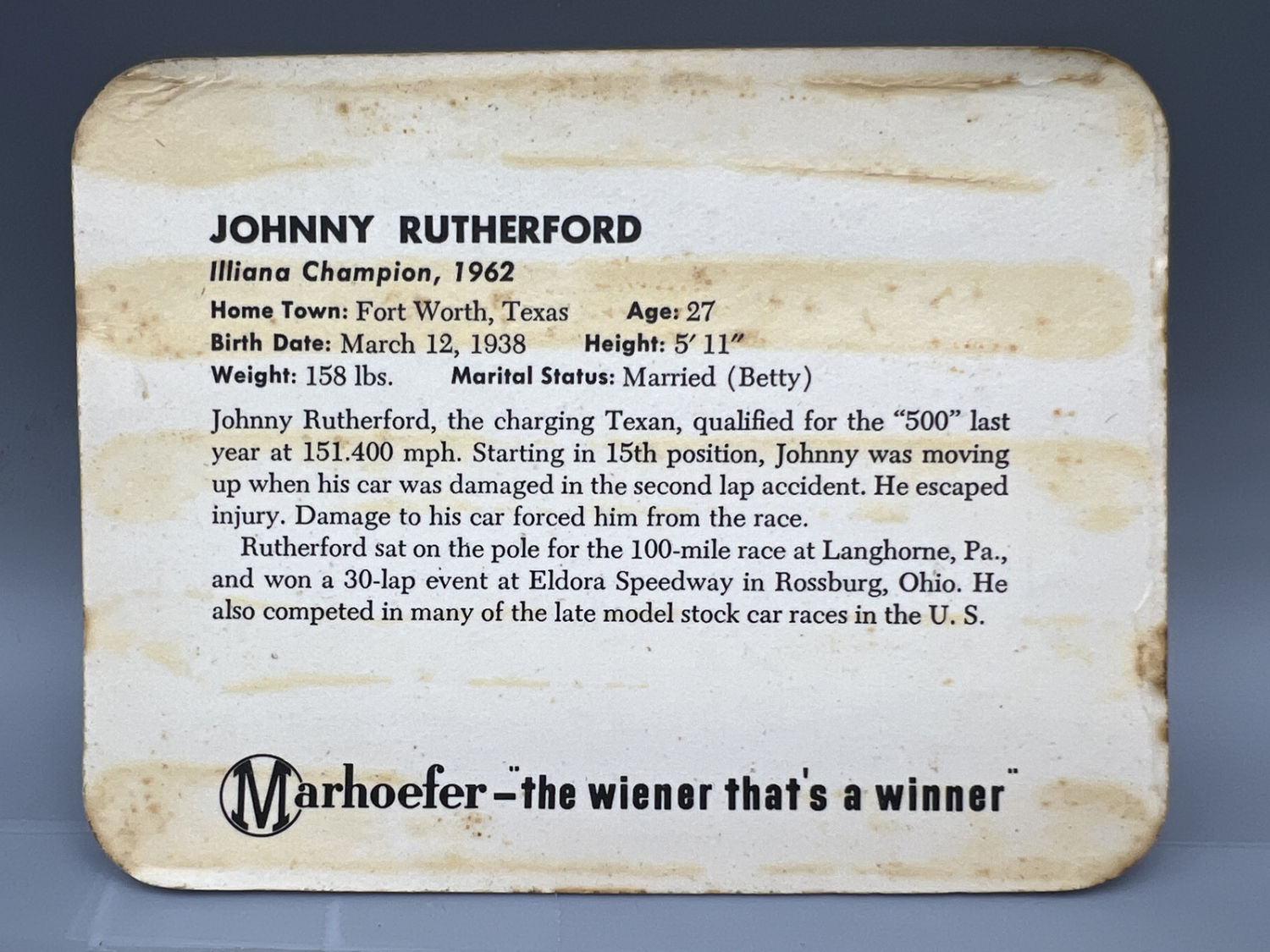 Lot 70c - 1965 Marhoefer Meats Johnny Rutherford Indy Car Racing ...
