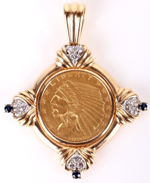 Lot 151099 – 90% GOLD 1908 INDIAN HEAD COIN W/ 14K BEZEL & GEMS ...