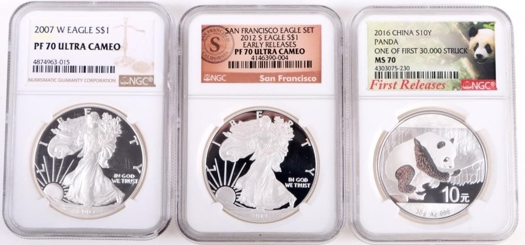 Lot 172273 - 0.999 SILVER NGC CERTIFIED PF/MS 70 COIN SET -(3 ...