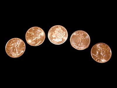 Lot 1000 - Lot of 5 One Ounce Copper Coins. Morgan Dollar, Peace Dollar ...