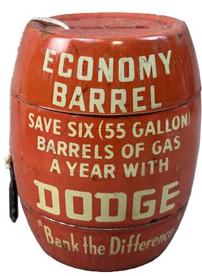 Lot 2 - Dodge Economy Barrel 1940s Advertising Coin Bank w/ Key ...