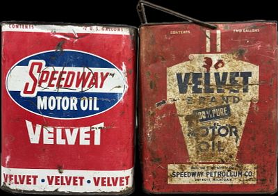 Lot 35C - Speedway Pair 2 Gallon Velvet Motor Oil Cans Detroit Michigan ...