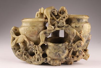 Lot 58 - Chinese Carved Hardstone Monkey Vase - Kavanagh Auctions