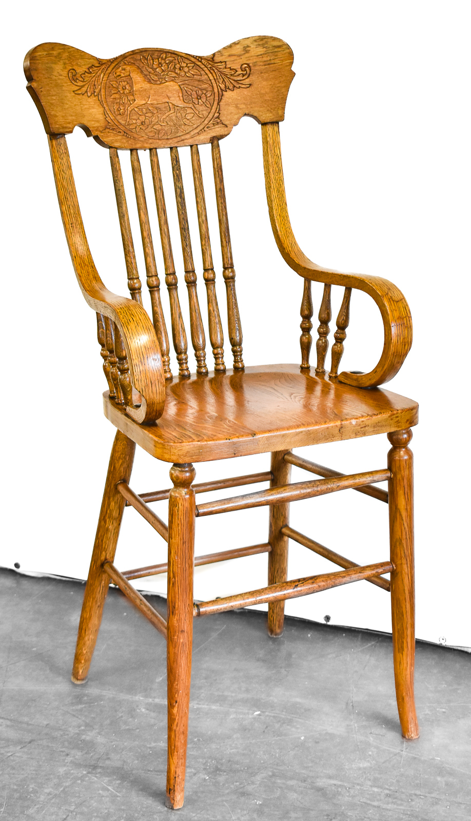 Lot 119 - ANTIQUE OAK PRESSED BACK HIGH CHAIR | McLaren Auction Services
