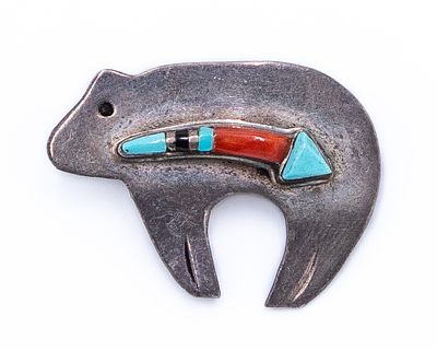 Lot 74 - Fred Baca Navajo Vintage Sterling Inlay Heartline Bear Brooch ...