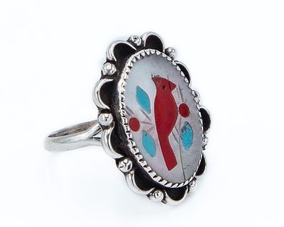 Lot 489 - Vintage Zuni Coral Mother Of Pearl Turquoise Sterling Inlay ...