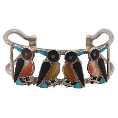 Lot 89 - Vintage Sterling Zuni Bird Inlay Cuff Bracelet | Retro ...