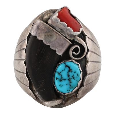 Lot 369 - Vintage Navajo Coral Turquoise Bear Claw Sterling Mens Ring ...