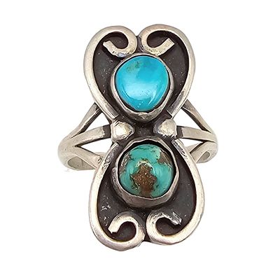 Lot 250 - Navajo Double Turquoise Sterling Silver Ring Size 8.5 6.8 G ...