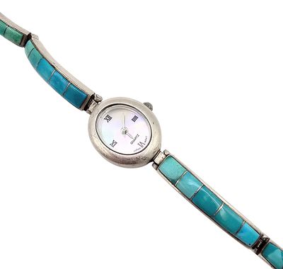 Lot 424 - Southwestern Turquoise Abalone Sterling Silver Toggle Watch ...