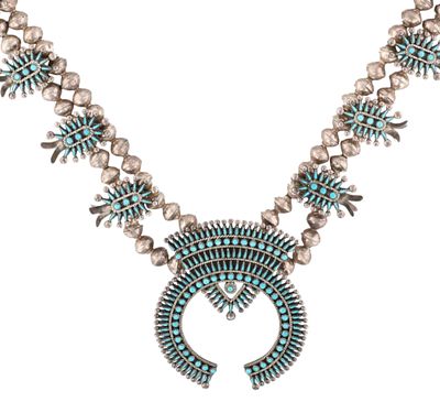 Lot 120 - John Quam Zuni Sterling Petit Point Turquoise Squash Blossom ...