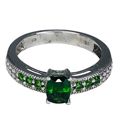 Lot 95 - STS, EMERALD Sterling Silver Engagement Style Ring Size 10. 4. ...