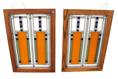 Lot 177 - Pair Frank Lloyd Wright style lead glass windows in oak ...