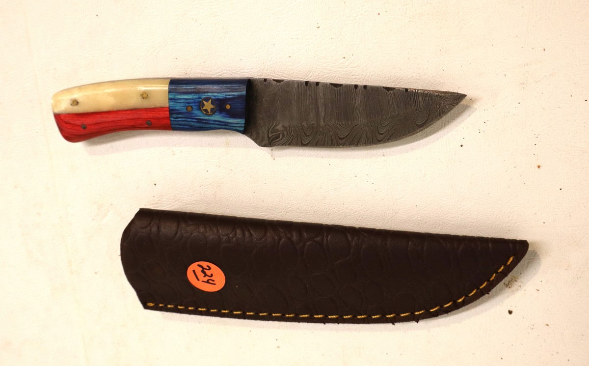 Lot 224 - Damascus knife with red white blue handle leather sheath ...