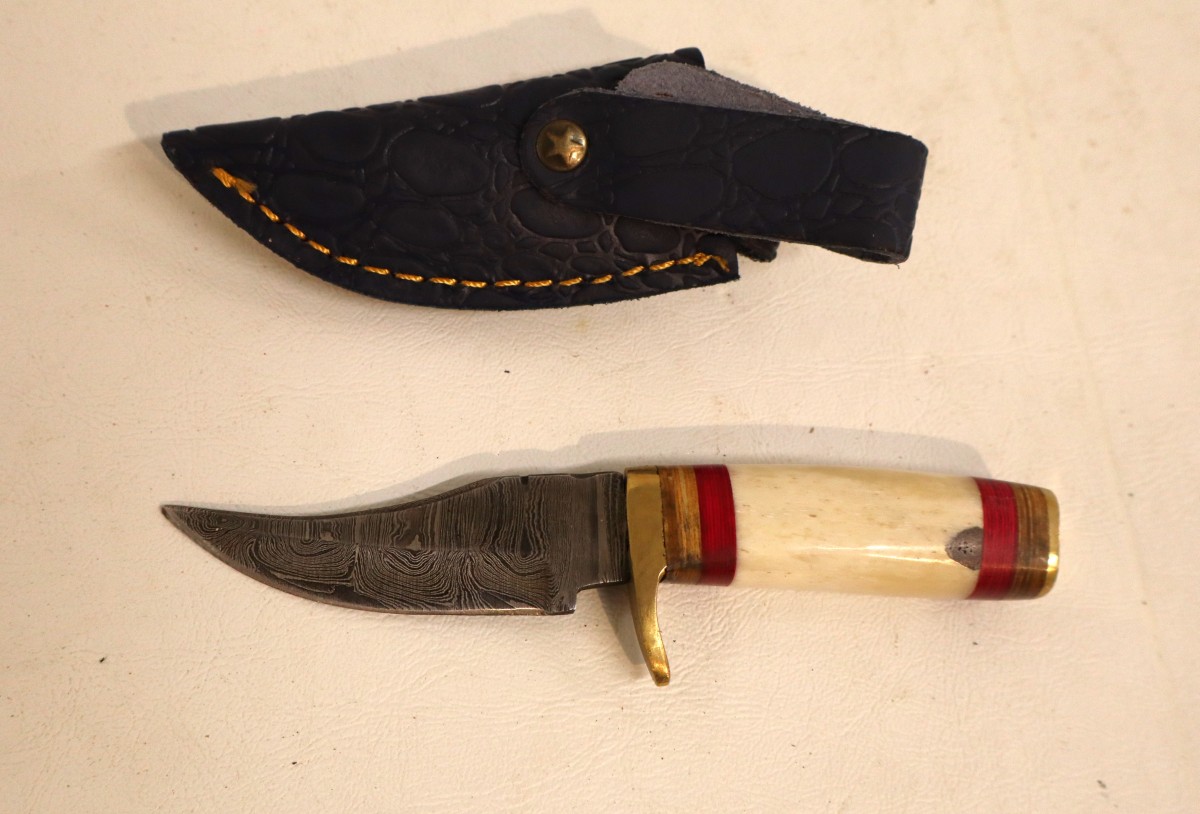 Lot 229 - Damascus knife with tri color handle and leather sheath ...