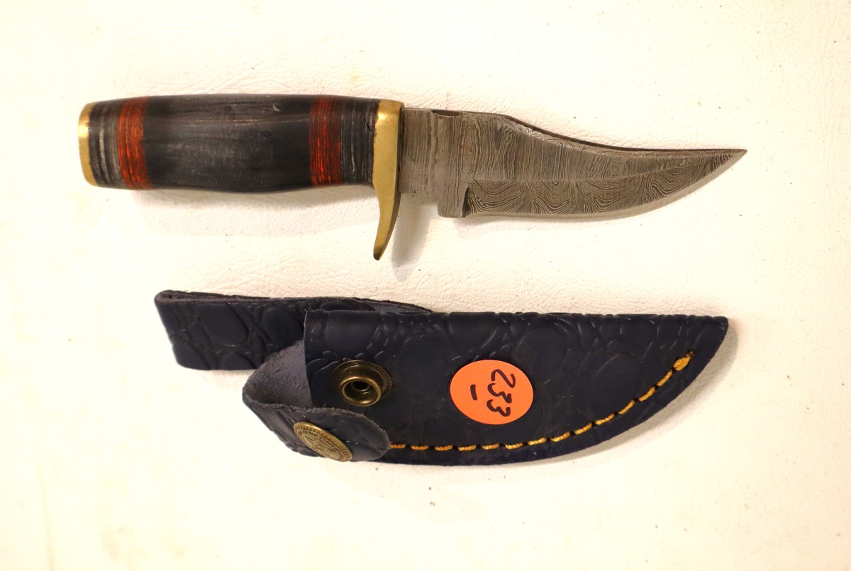 Lot 233 - Damascus knife with tri color handle and leather sheath ...