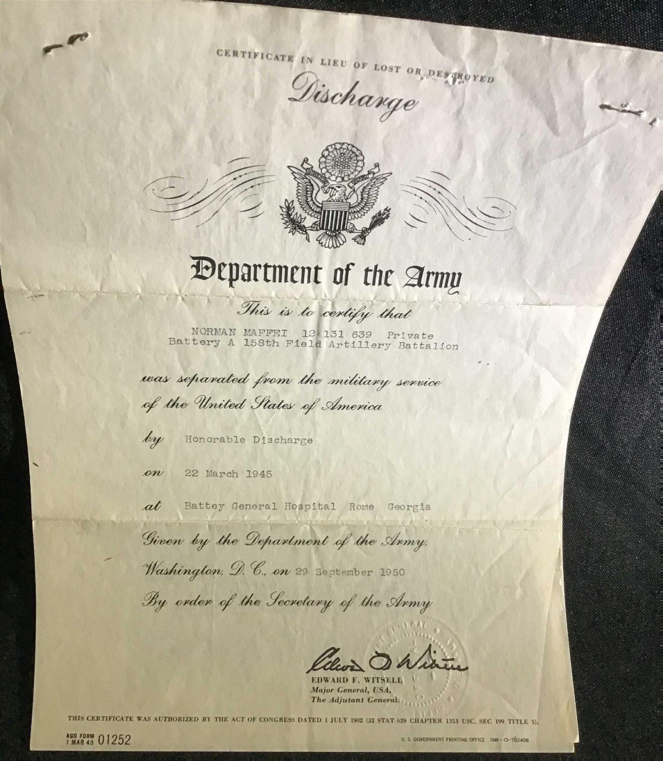 Lot 57 - Department of the Army Discharge Papers for | The Lodge ...