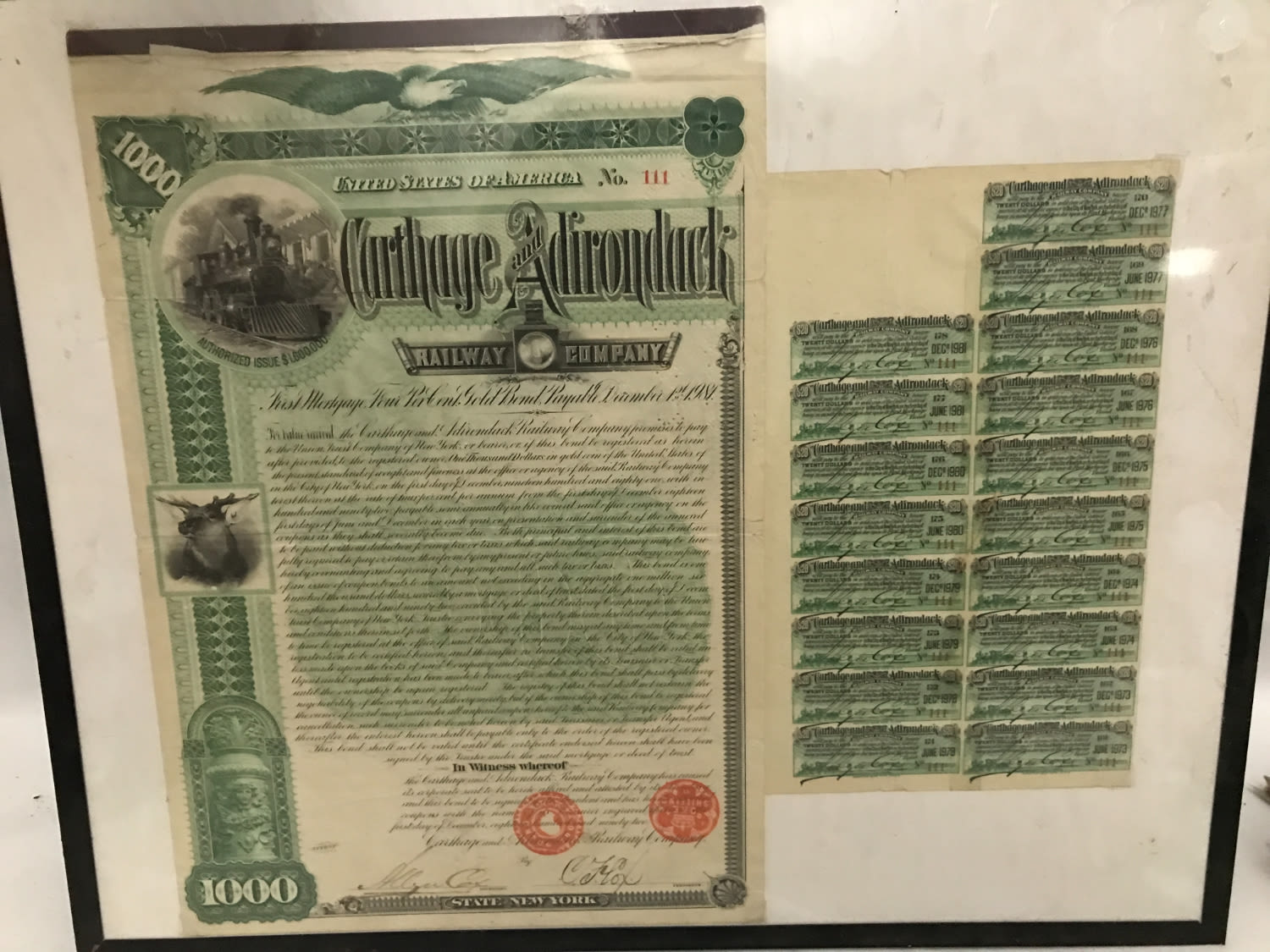 Lot 14 - Carthage & Adirondack Framed Bonds | The Lodge Auction House