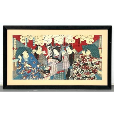 Lot 107 - 3 section Japanese Block Print. Samurai men and women with ...