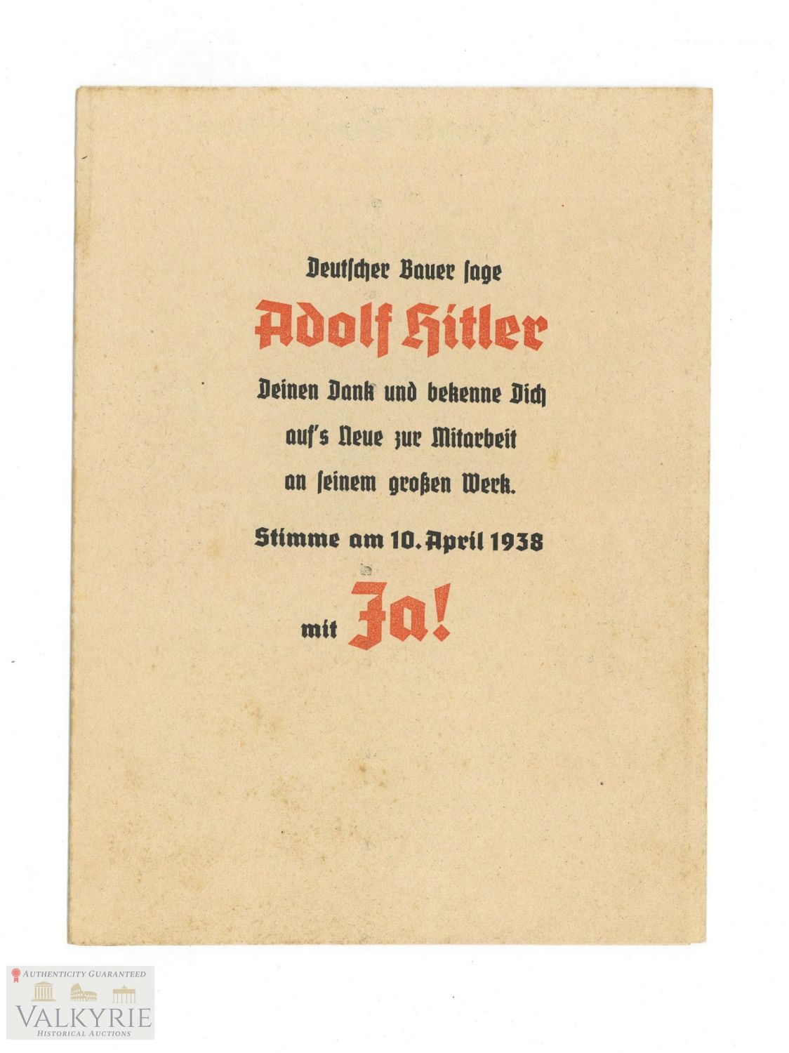 Lot 33 - Pro-Hitler Electoral Propaganda Leaflet "The Farmer in Adolf ...