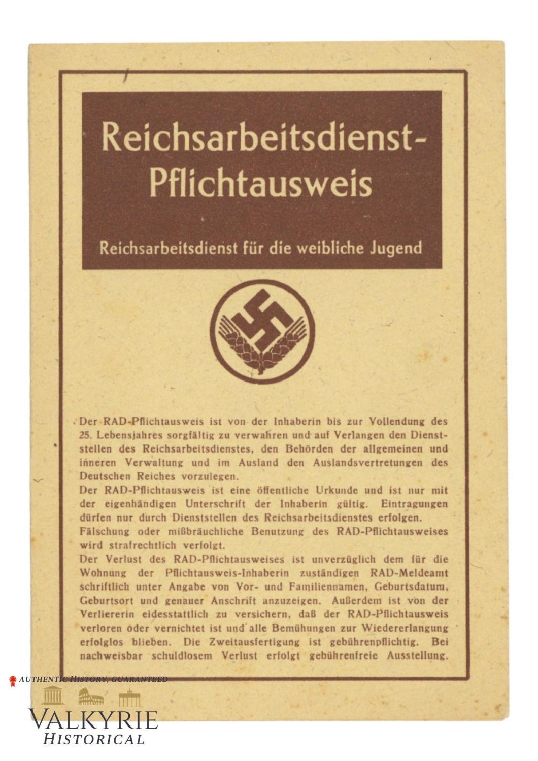 Lot 1078 - ID Card of the Reich Labour Service for Youth - Compulsory ...