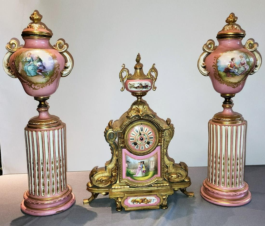 Lot 677 - PH Mourey Mantle Clock, Pair of Dresden Vases • Wickliff ...