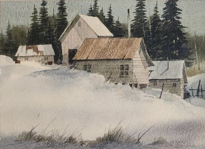 Lot 702 - Jerry Becker 5.75x7.75 WC "Winter Barn" • Wickliff Auctioneers